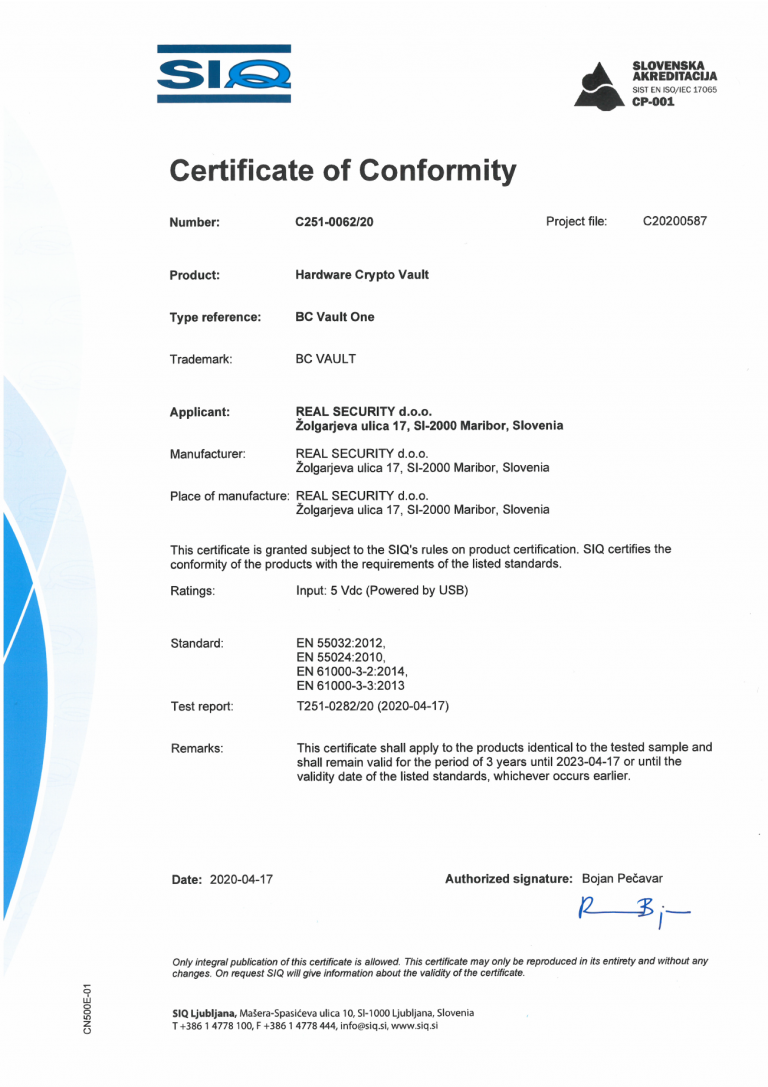 SIQ Certificates | BC Vault