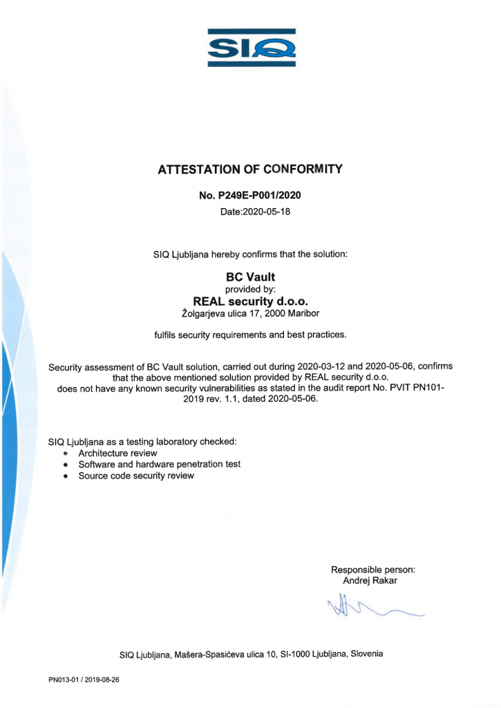 SIQ Certificates | BC Vault